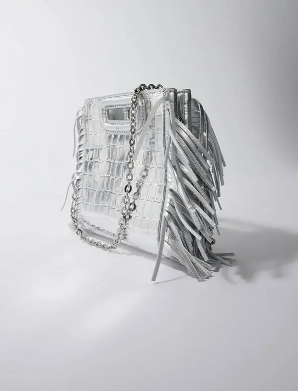 Maje Embossed Leather M Bag With Chain - Silver