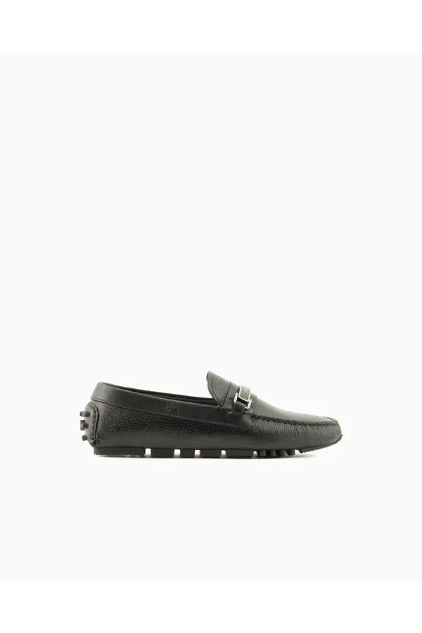 Emporio Armani Pebbled Leather Driving Loafers - Black
