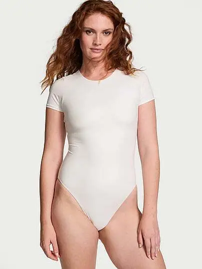 Victoria's Secret Bodywear Victoria With Feathersoft™ Innovation Short-sleeve Bodysuit - White,ivory