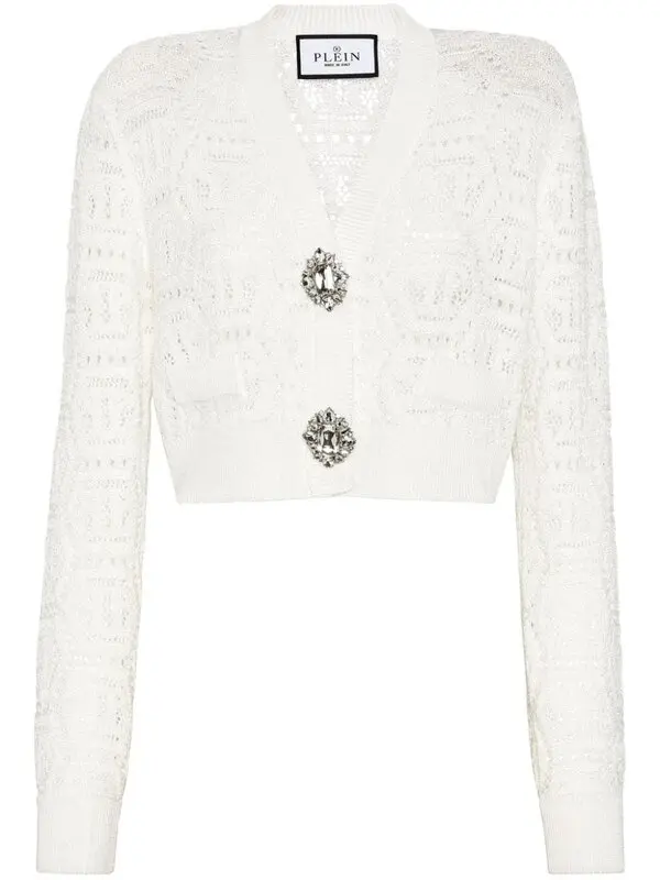 Philipp Plein Monogram Crochet-knit Cardigan - White