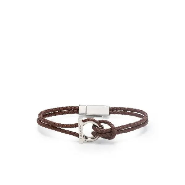 FERRAGAMO Braided Leather Bracelet - Brown/silver