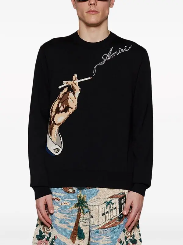 Amiri Intarsia Knit Logo Embroidered Crew Neck Sweater