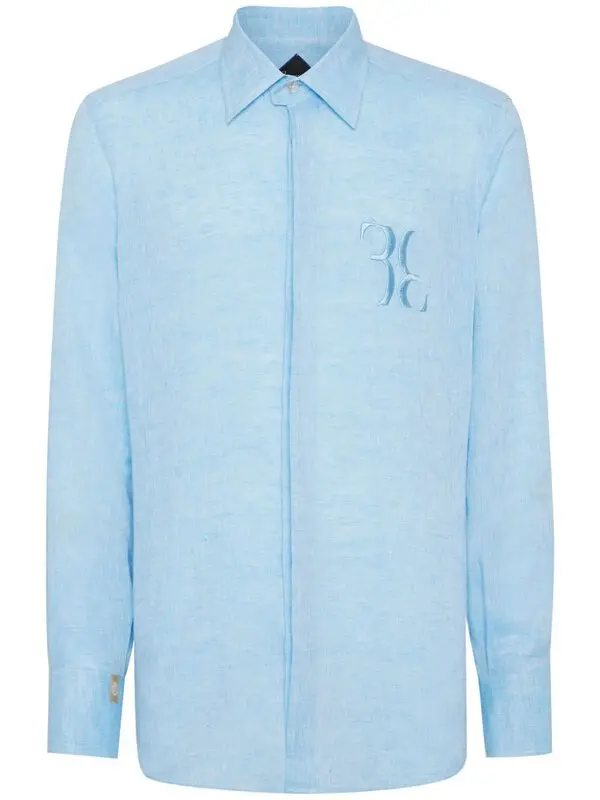 BILLIONAIRE Monogram-embroidered Linen Shirt - Blue