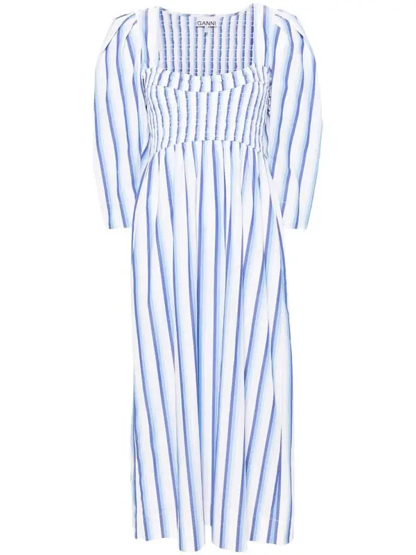 GANNI Striped Poplin Midi Dress - Blue