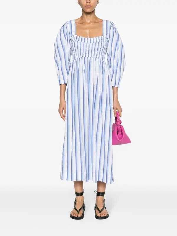 GANNI Striped Poplin Midi Dress - Blue
