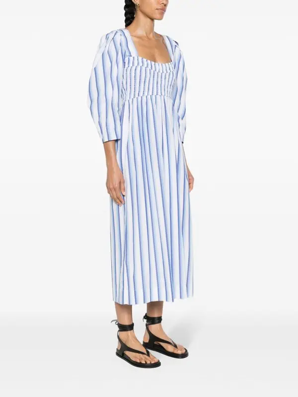 GANNI Striped Poplin Midi Dress - Blue