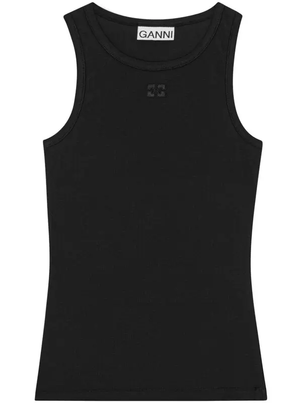 GANNI Ribbed Tank Top With Appliqué Logo - Black