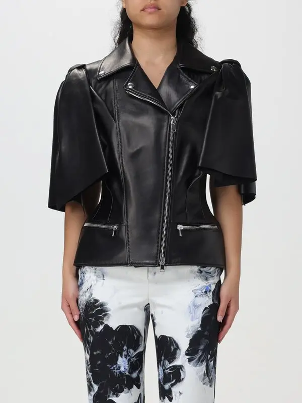 Alexander McQueen Leather Jacket With Draped Sleeves - Black