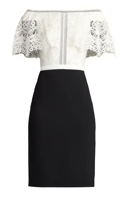 Tadashi Shoji Lace Bodice Mixed Media Cocktail Dress - Ivory/ Black |  Editorialist