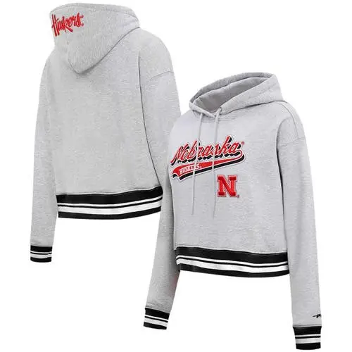 PRO STANDARD Nebraska Huskers Script Tail Fleece Cropped Pullover Hoodie - Heather Gray