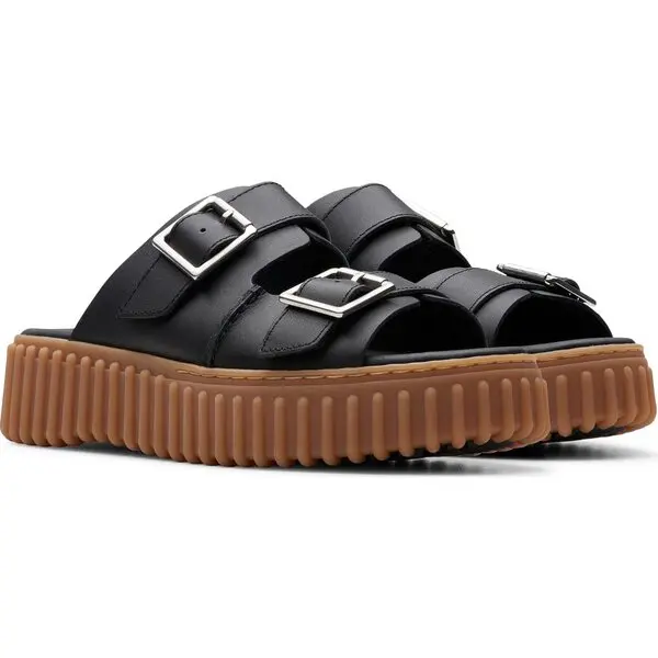 Clarks Torhill Platform Slide Sandal - Black Leather