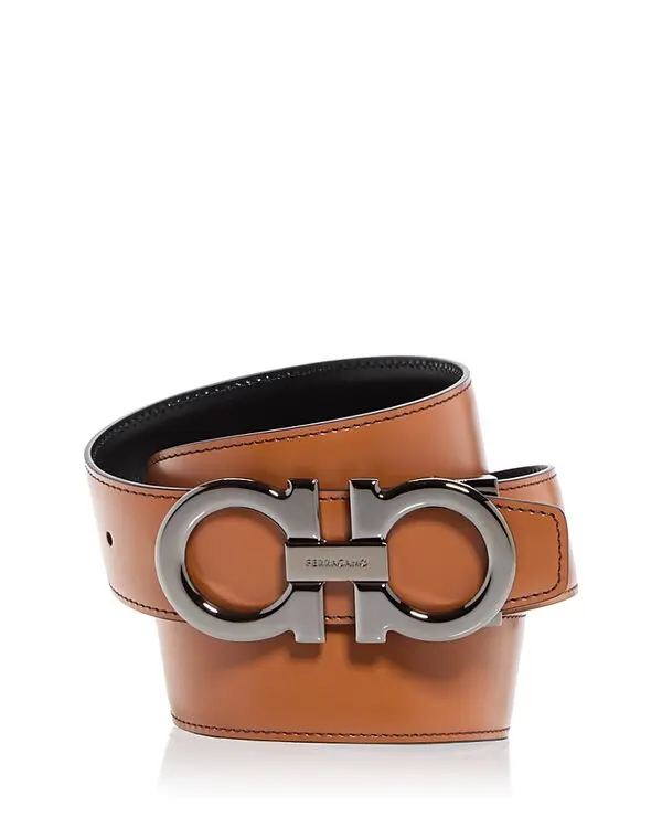 FERRAGAMO Double Gancini Reversible Leather Belt - New Vicuna/ Nero