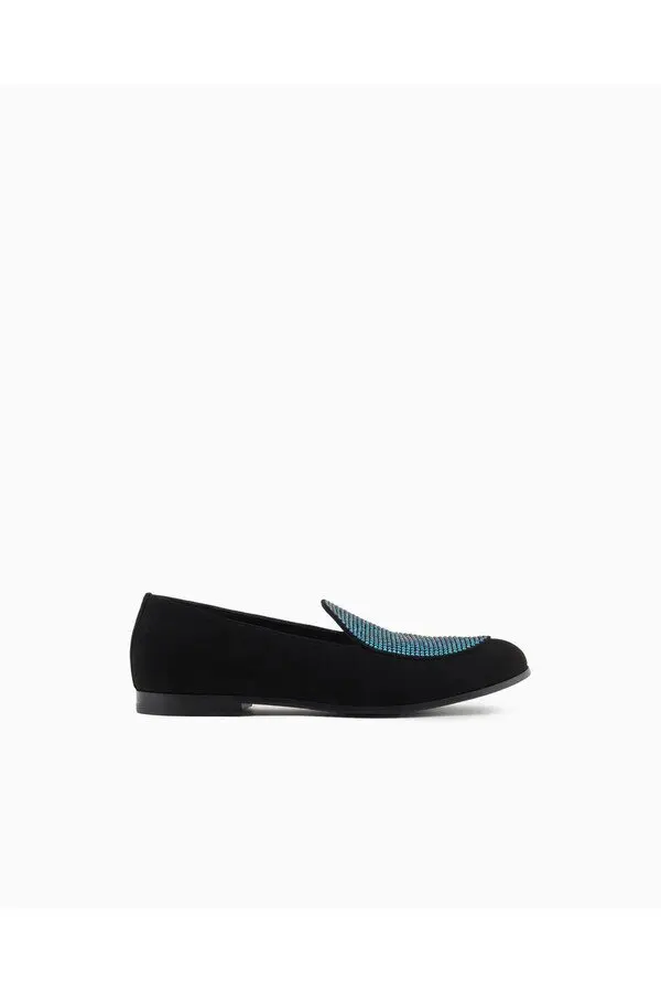 Giorgio Armani Rhinestoned Suede Loafers - Blue