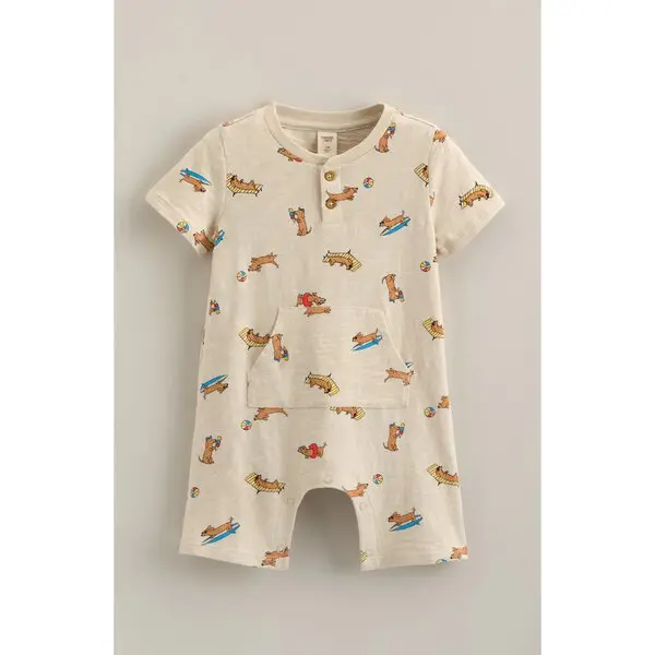 TUCKER + TATE Henley Pocket Romper - Beige Oatmeal Summer Dogs