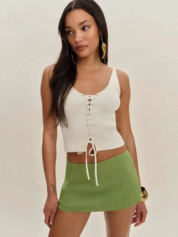 REFORMATION Mia Low Waist Linen Skort - Green