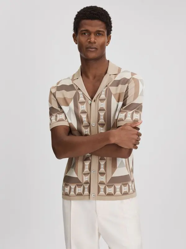 REISS Beresford Knitted Cuban Collar Shirt - Camel Multi