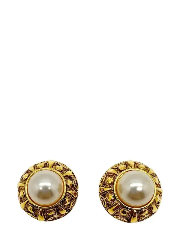 JENNIFER GIBSON JEWELLERY Vintage French Couture Etruscan Pearl Earrings - Gold