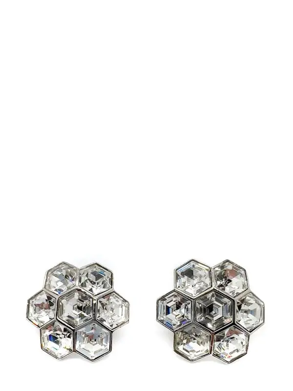 JENNIFER GIBSON JEWELLERY Vintage Hexagonal Crystal Floral Clip On Earrings - Silver