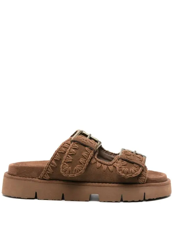 Mou Whipstitch-trim Suede Slides - Brown