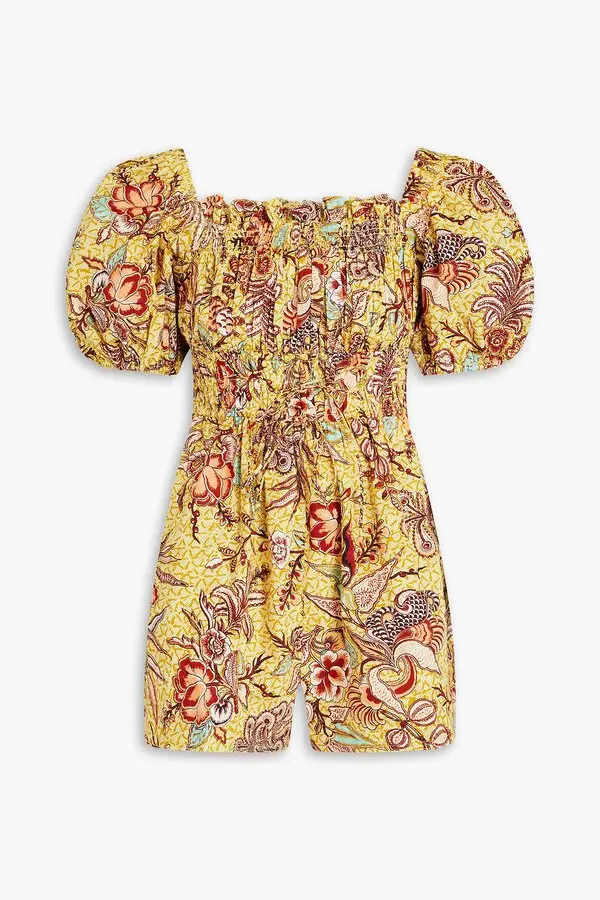 Ulla Johnson Alo Shirred Printed Cotton-poplin Playsuit - Marigold