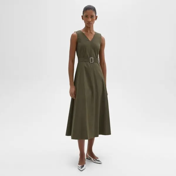Theory V-Neck Good Linen Volume Dress - Dark Olive