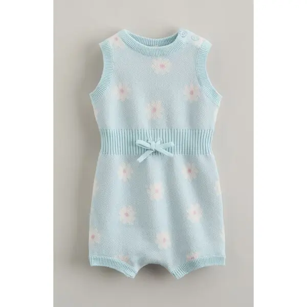 TUCKER + TATE Ribbed Waist Cotton Romper - Blue Delicate Spring Daisies