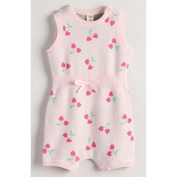 TUCKER + TATE Ribbed Waist Cotton Romper - Pink Balm Cherry Hearts