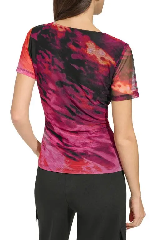 Dkny Print Ruched Mesh Top