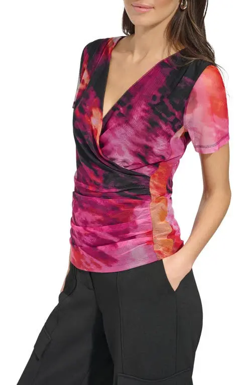 Dkny Print Ruched Mesh Top