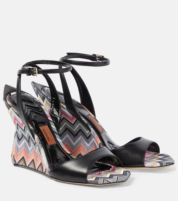 Missoni Zig Zag Leather Wedge Sandals - Black