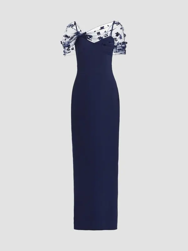 Theia Sophia Beaded Shawl Gown - Navy
