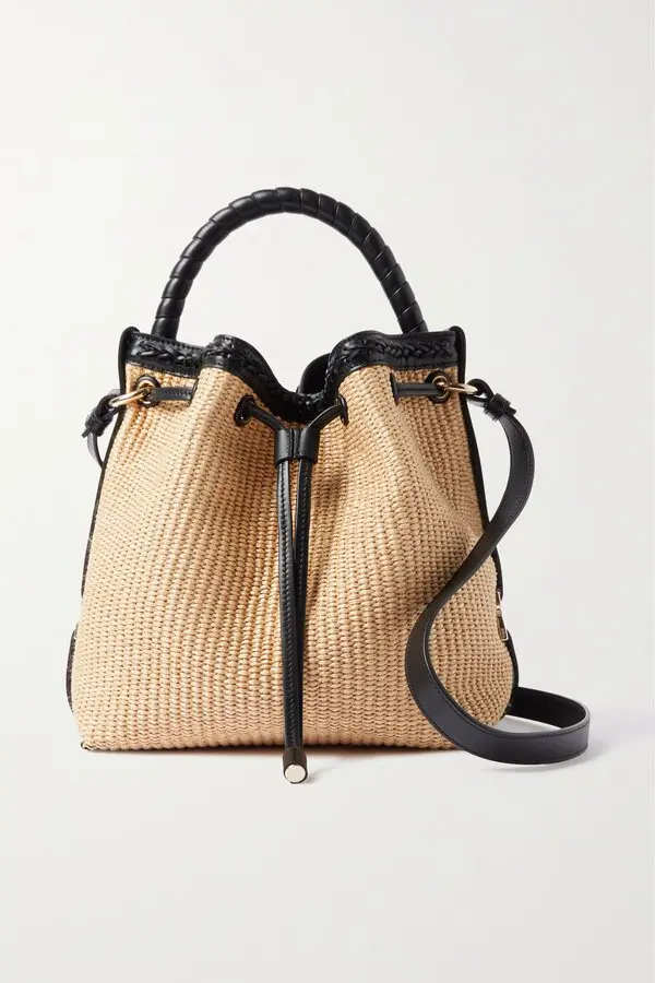 Chloé Marcie Leather-trimmed Raffia Bucket Bag