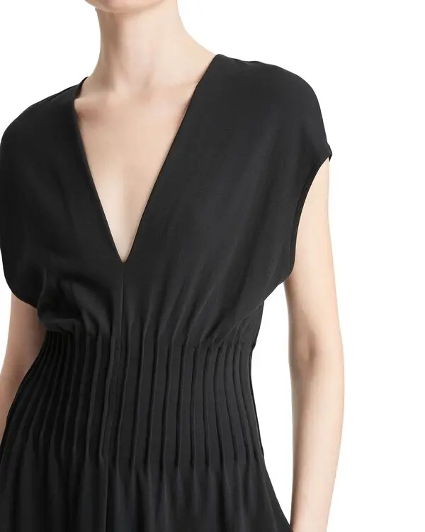Vince Cotton V Neck Pintucked Midi Dress In Black - 70% Off | Editorialist