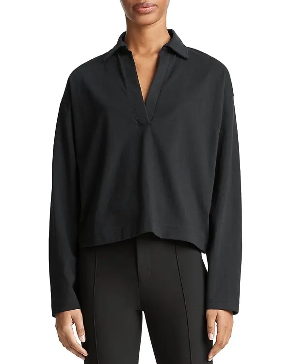 Vince Cotton Long Sleeve V-neck Top - Black