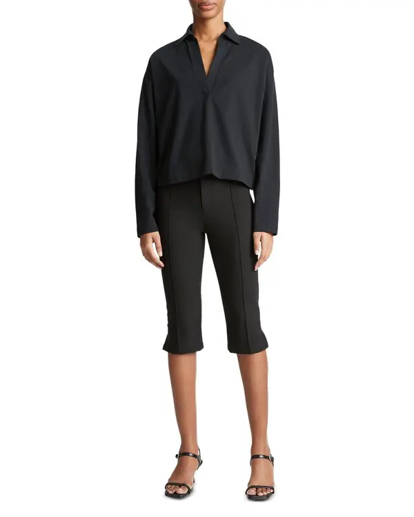 Vince Cotton Long Sleeve V-neck Top - Black