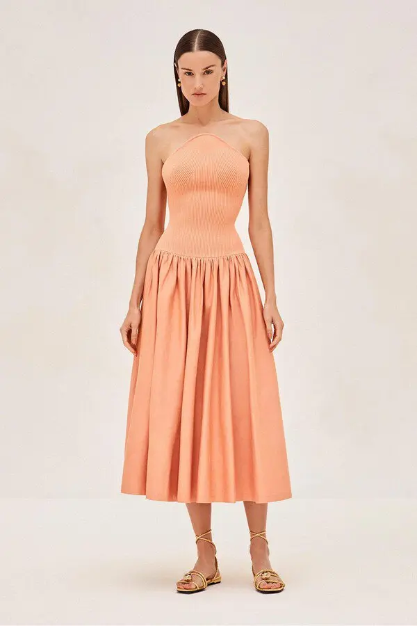 Alexis Kamali Strapless Ribbed Bodice Dress - Red / Orange