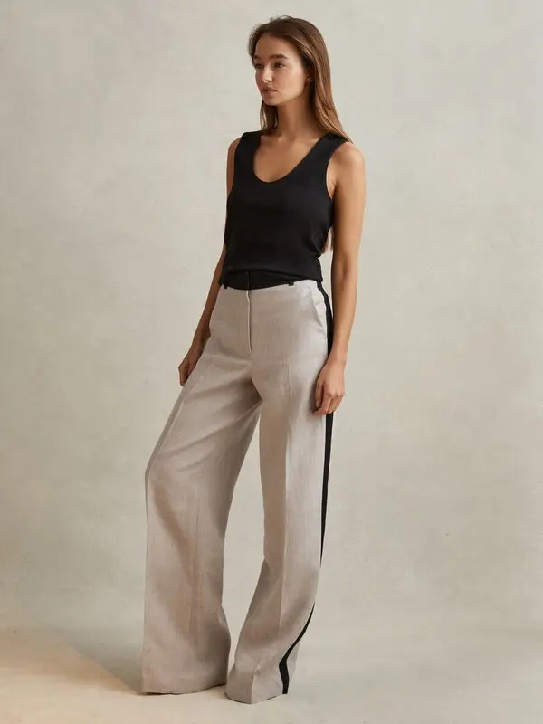 REISS Luella Colorblock Linen Wide Leg Trousers