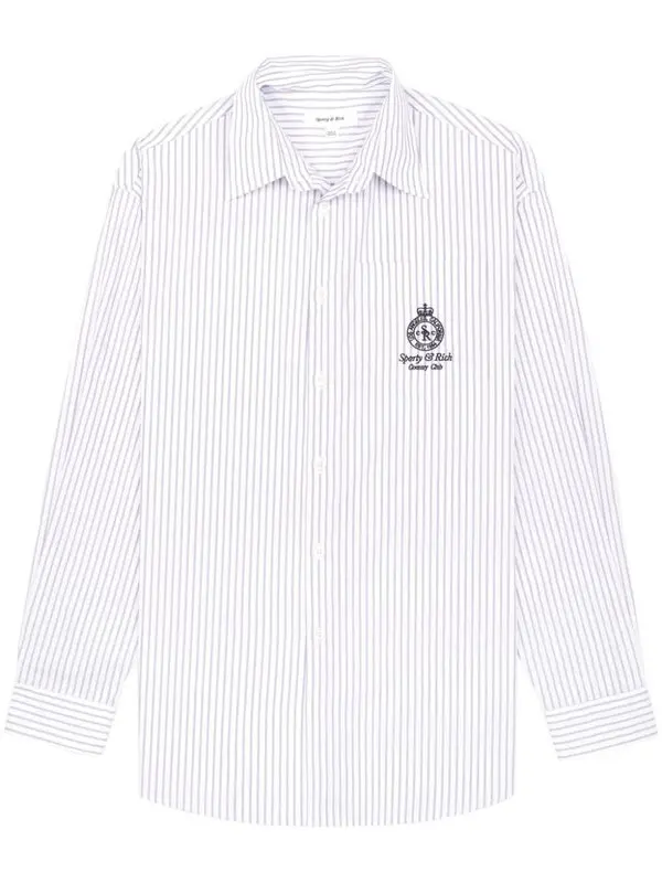 SPORTY & RICH Crown-embroidered Striped Cotton Shirt - White
