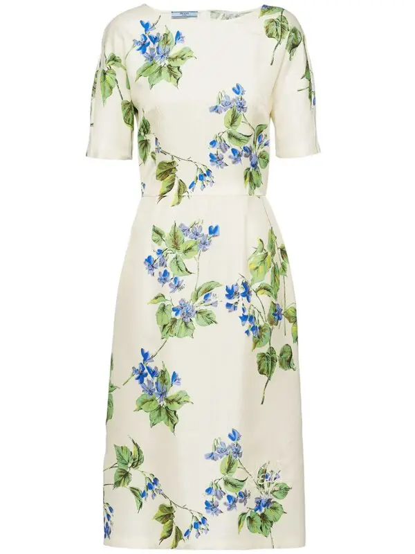 Prada Floral-print Twill Dress - Neutrals