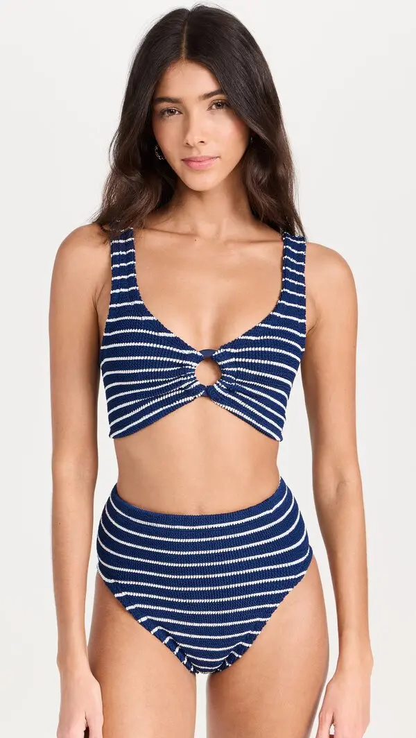 Hunza G Nadine Striped Crinkle Bikini - Navy/white