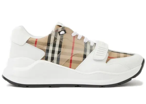 Burberry Check And Leather Sneaker - Beige/white/red
