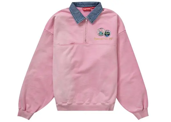 Supreme Denim Collar Half Zip Sweatshirt - Pink