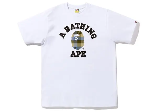 A BATHING APE Block Check College Tee Shirt - White Beige