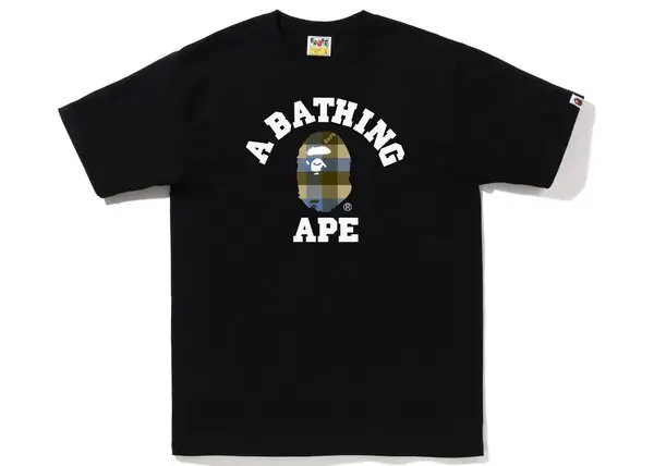 A BATHING APE Block Check College Tee Shirt - Black Beige