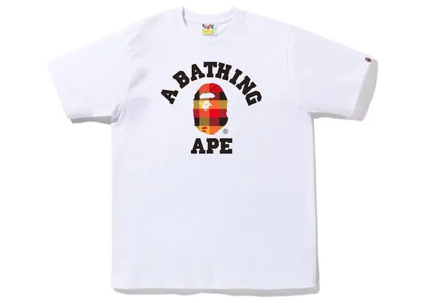 A BATHING APE Block Check College Tee Shirt - White Red