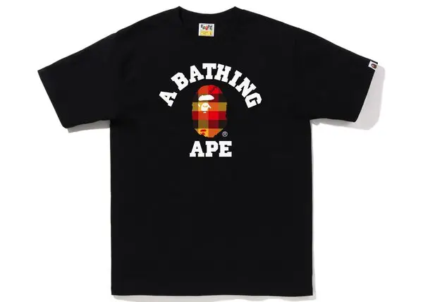 A BATHING APE Block Check College Tee Shirt - Black Red