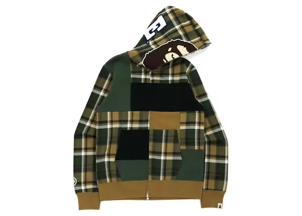 A BATHING APE Check 2nd Ape Full Zip Hoodie - Olivedrab Green