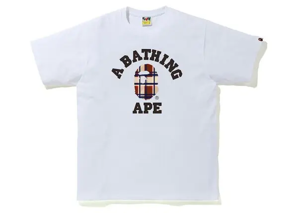A BATHING APE Check College Tee Shirt - White/red