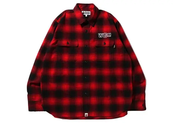A BATHING APE Check Shark Relaxed Fit Flannel Shirt - Red