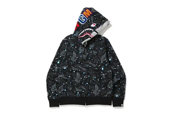 A BATHING APE Space Camo Shark Full Zip Double Hoodie - Black